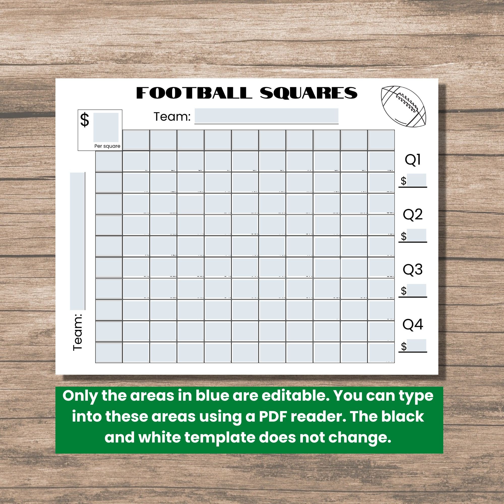 Editable Football Squares Game Printable, Football Fundraiser, Football ...