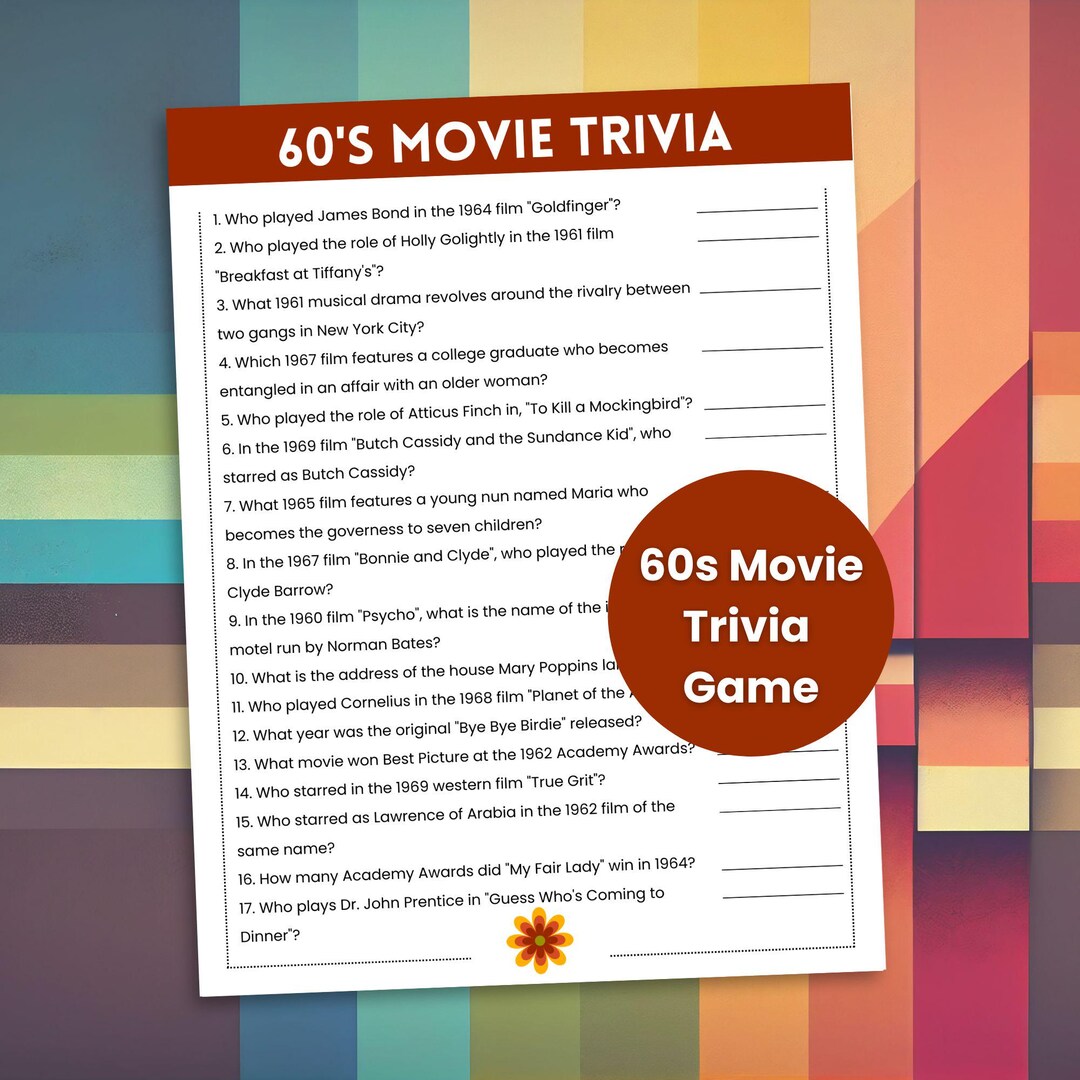 60s Movie Trivia Game, 60s Theme Party Game, 1960s Trivia, Decades ...