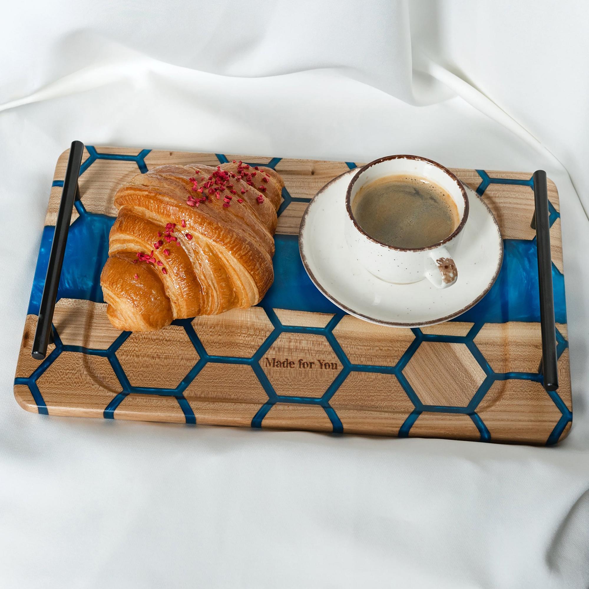 Blue Epoxy Serving Tray With Handles, Honeycomb Design Coffee Tray ...
