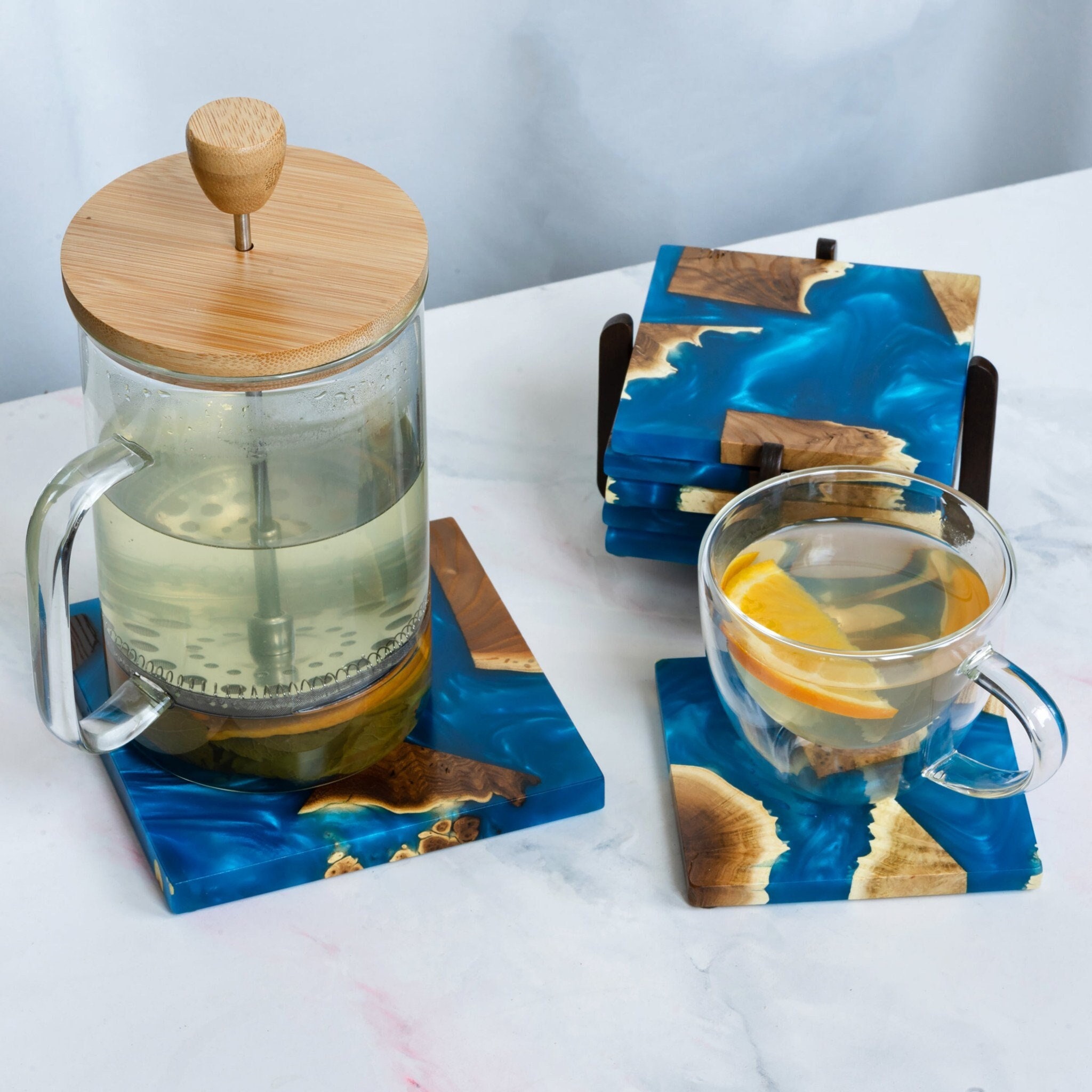 Drink & Barware Gifts, Wooden Coasters Set With Holder, Epoxy Resin ...