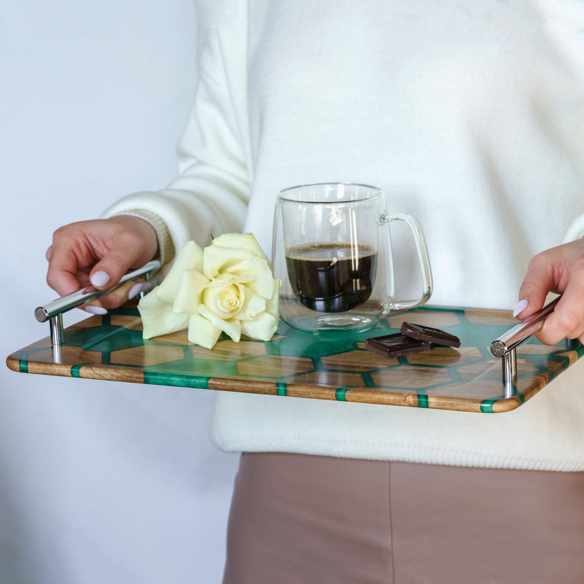 Blue Epoxy Serving Tray With Handles, Resin Honeycomb Design Coffee ...