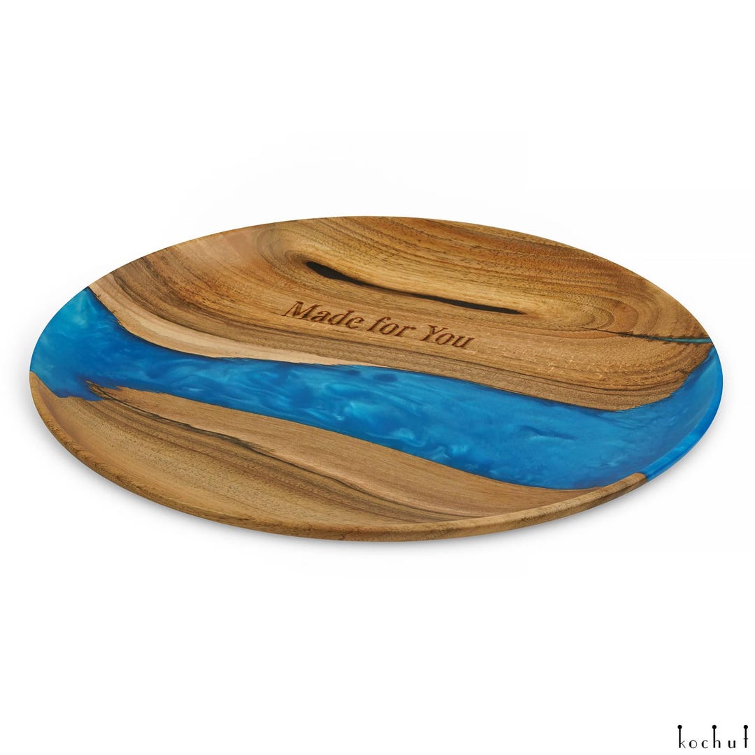 Blue Epoxy Plate, Resin Plate for Fruit, Wooden Platter With Epoxy ...