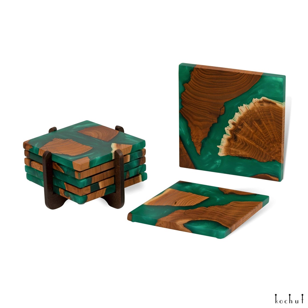 Set of Green Epoxy Resin Drink Coasters, Personalized Cocktail Bar ...