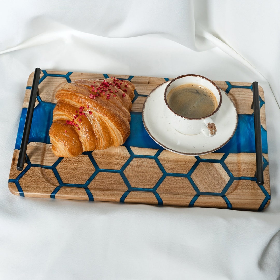 Blue Epoxy Serving Tray With Handles, Resin Honeycomb Design Coffee ...