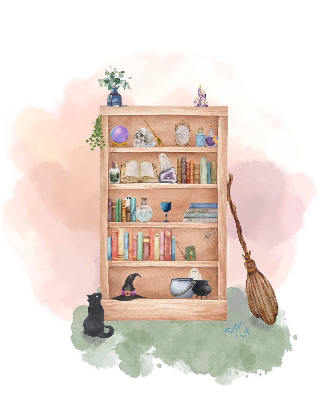 Witch's Bookcase Watercolor - Etsy