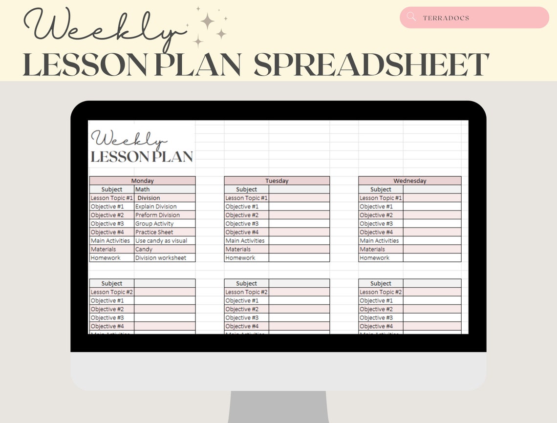 Digital Weekly Lesson Plan Spreadsheet - Etsy