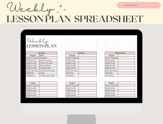 Digital Weekly Lesson Plan Spreadsheet - Etsy