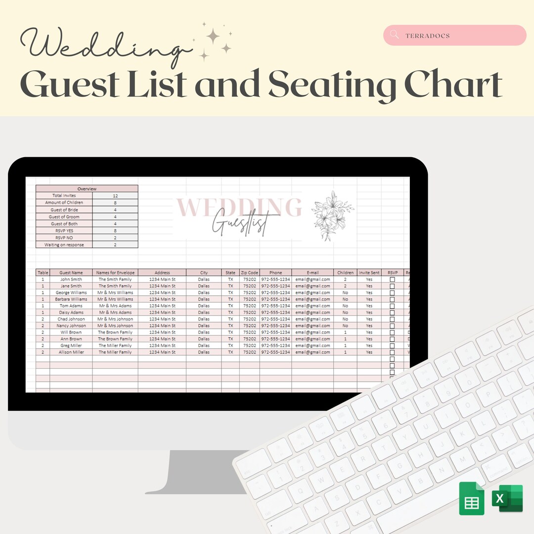 Wedding Guest List and Seating Chart Spreadsheet Excel & Googlesheets ...