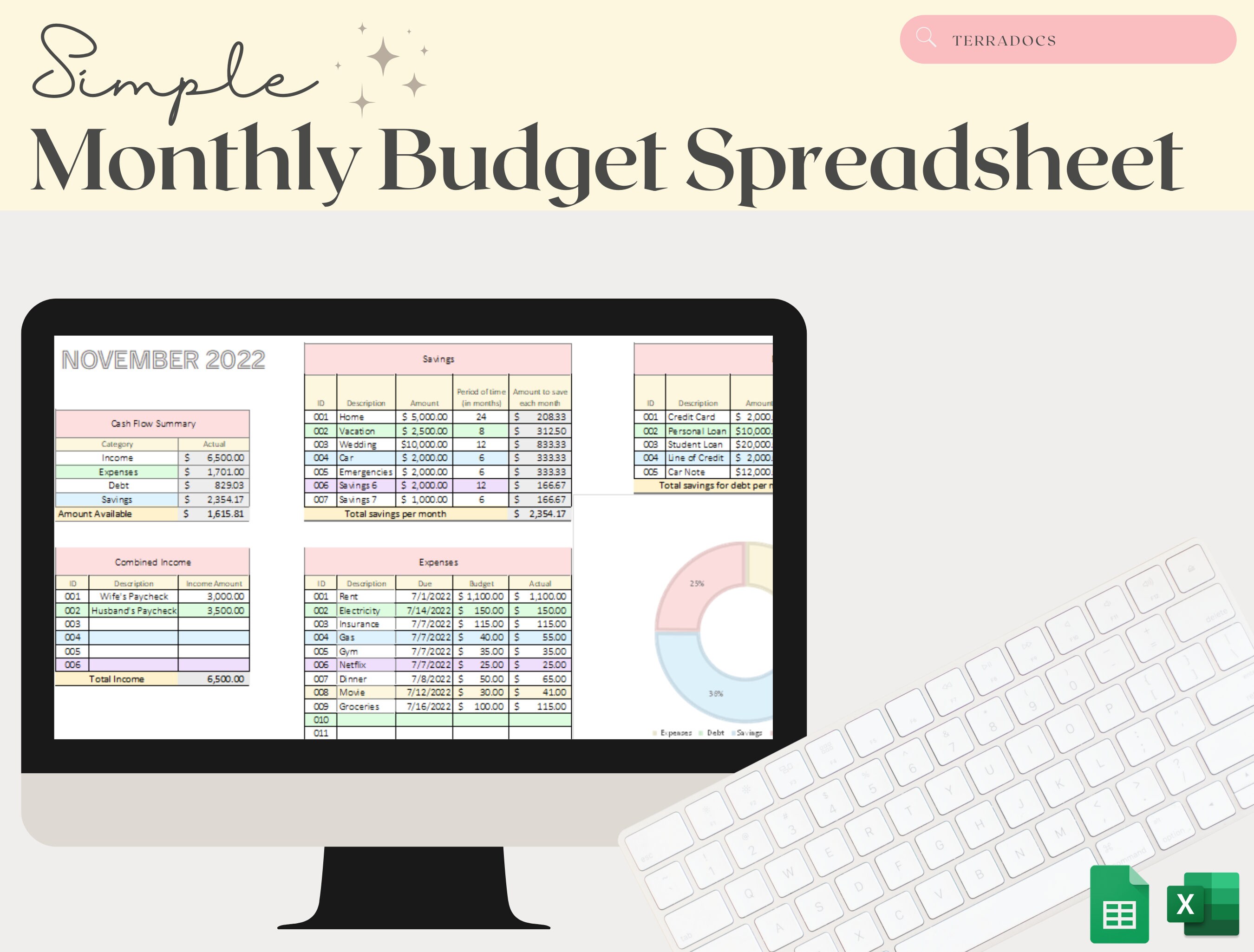Simple Monthly Budget Expense Tracker Spreadsheet Excel & Googlesheets ...