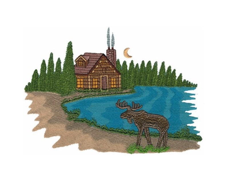 Log Cabin and Moose Scene - Machine Embroidery Design - Etsy