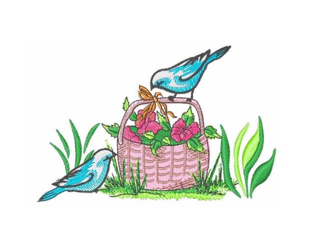 Birds and Flower Basket Machine Embroidery Design - Etsy