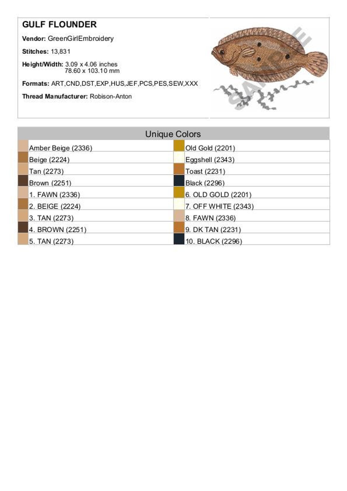 Gulf Flounder Machine Embroidery Design - Etsy