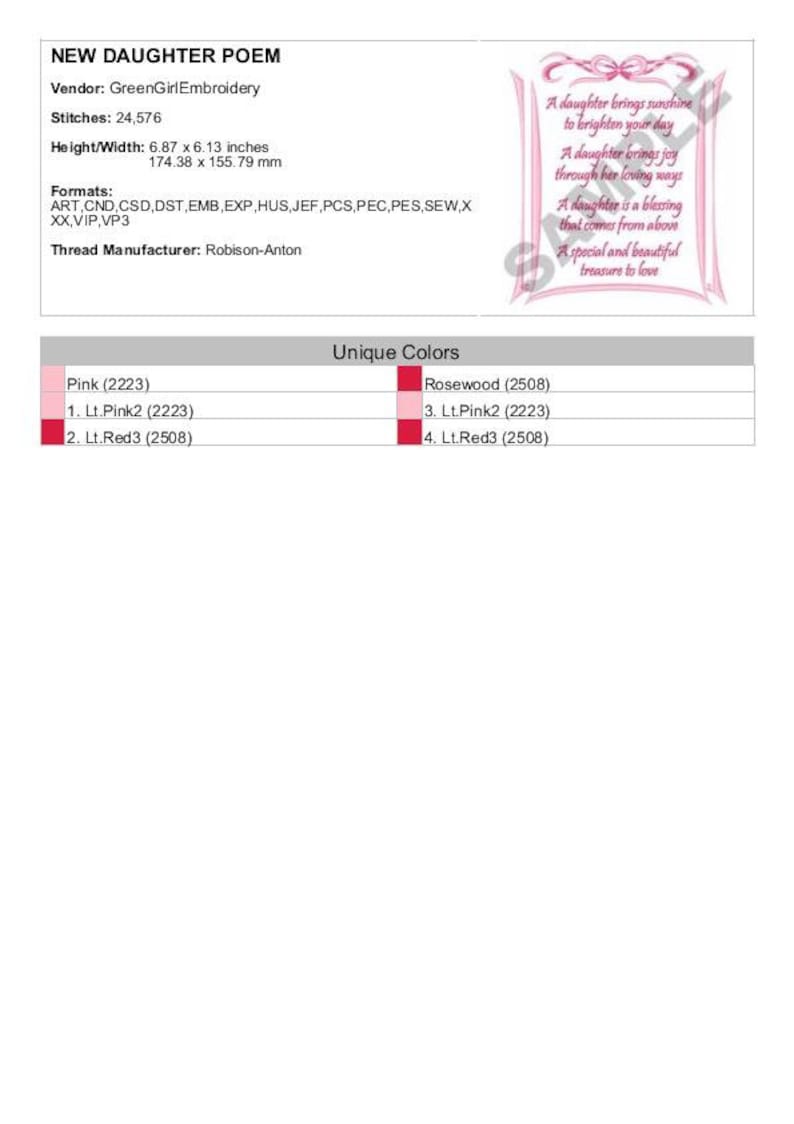 New Daughter Poem - Machine Embroidery Design - Etsy