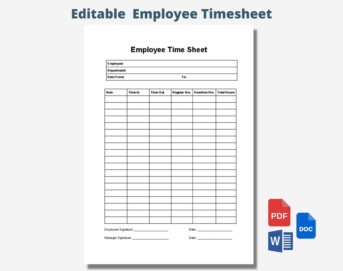 Employee Timesheet, Editable Timesheet, Printable Timesheet, Instant ...