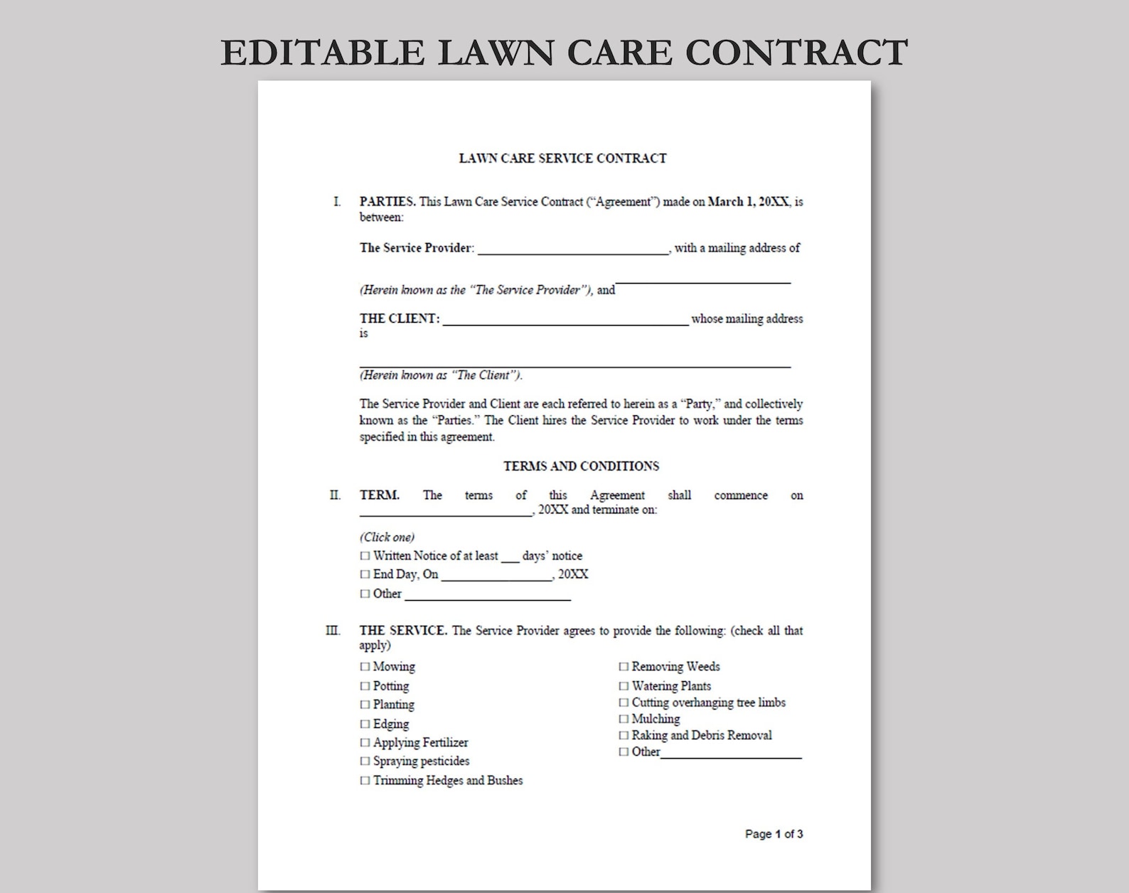 Lawn Care Agreement Template: Landscaping Service Contract (editable, Instant Download) - Etsy ...