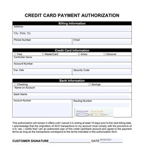 Credit Card Authorization Form, PDF, Word Doc, Credit Card Billing ...