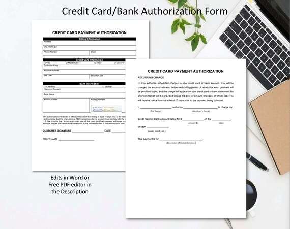 Credit Card Authorization Form PDF Word Doc Credit Card - Etsy