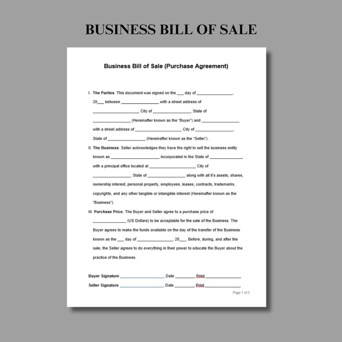 Business Bill of Sale Form, MS Word, Google Doc, Printable, Editable ...