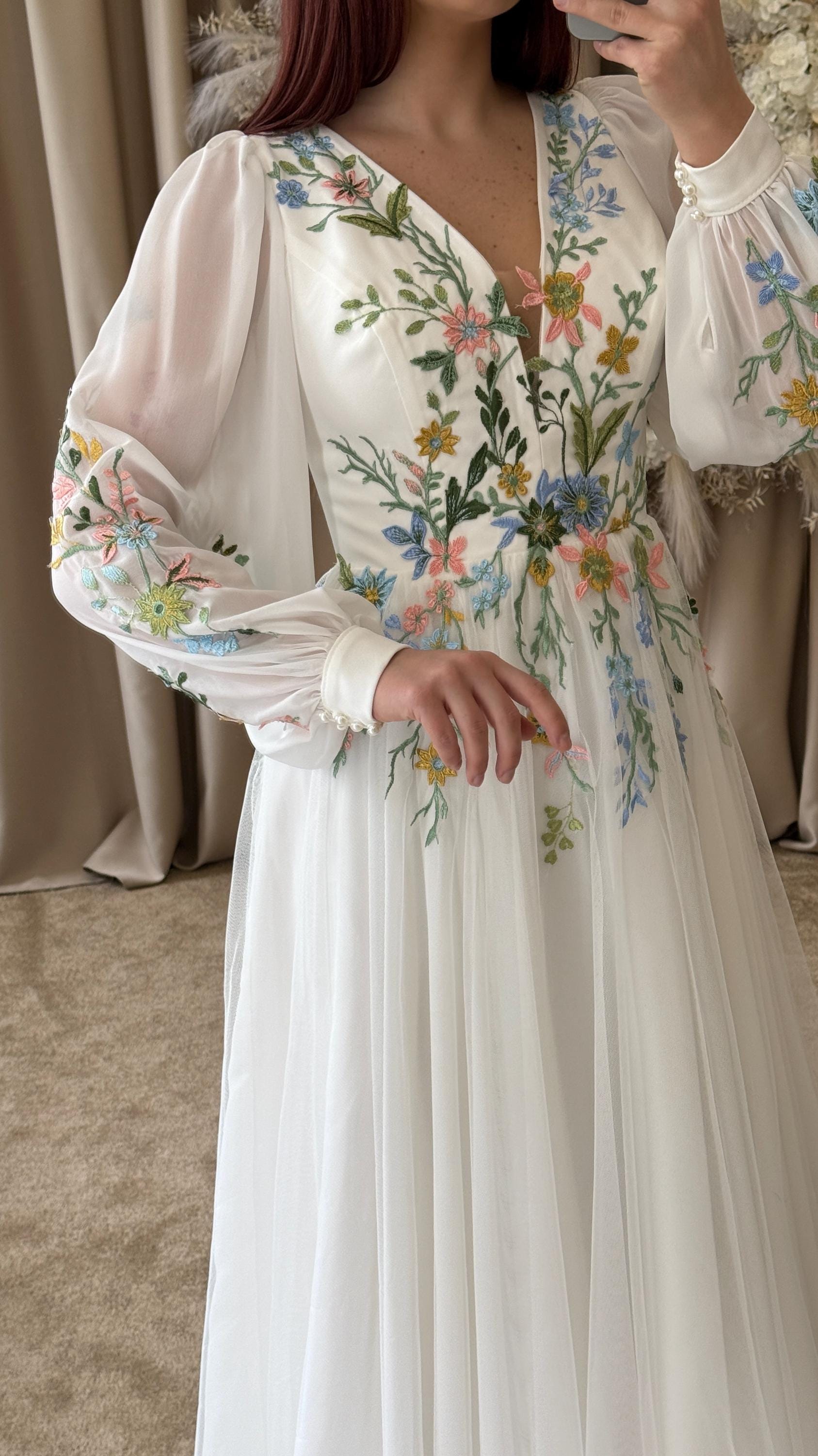 Layla Embroidered Wedding Dress | Long Sleeve Boho Gown | V-neck Tulle ...