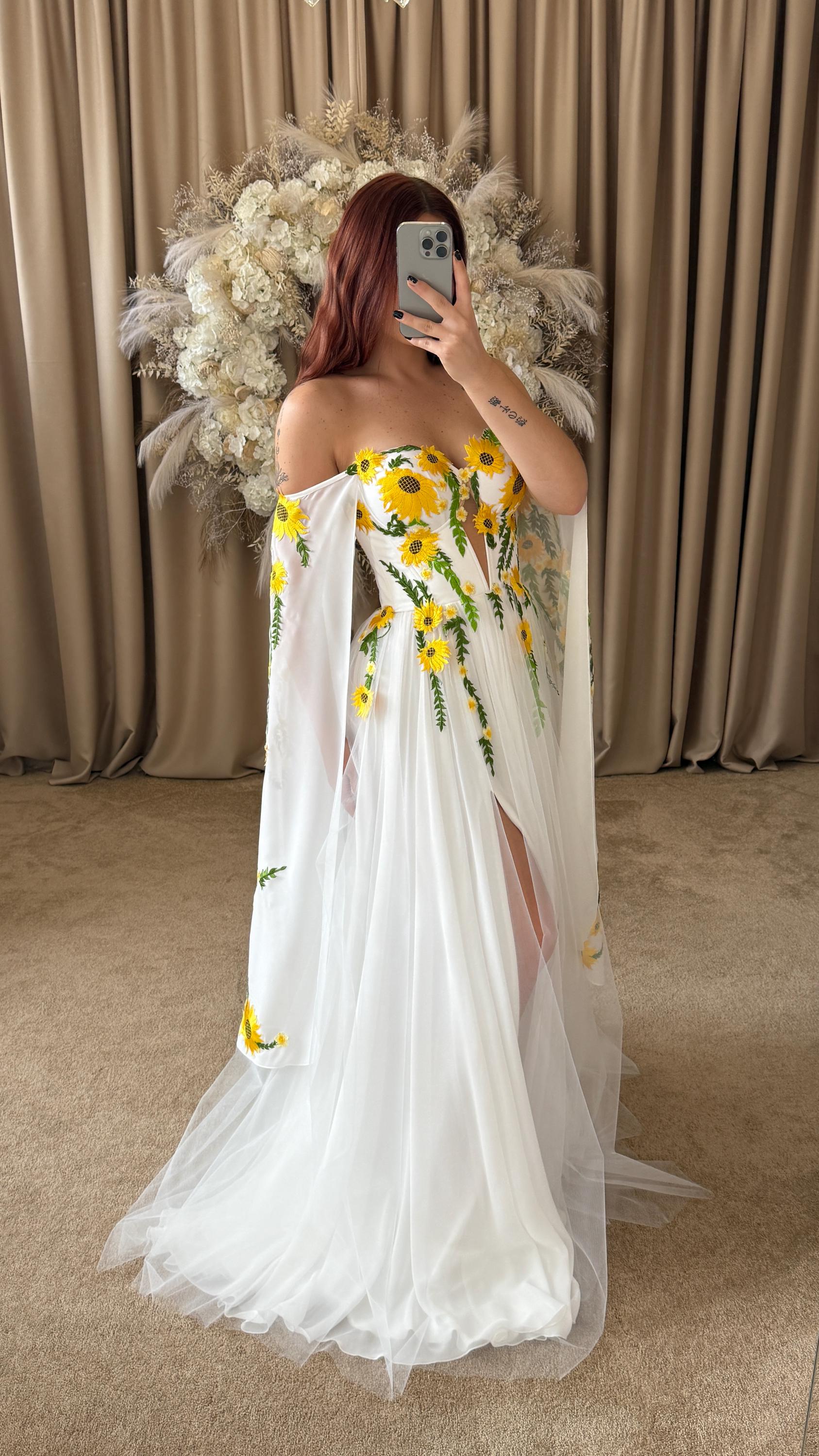 Sunflower Wedding Dress | Boho off Shoulder Gown | Floral Embroidered ...
