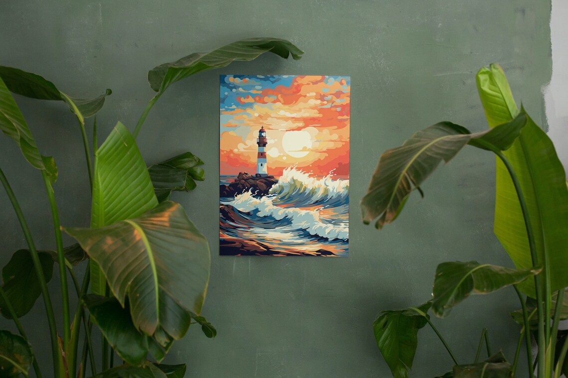 Lighthouse Digital Print, Vibrant Colors, Blue Sky, Ocean Wall Art ...