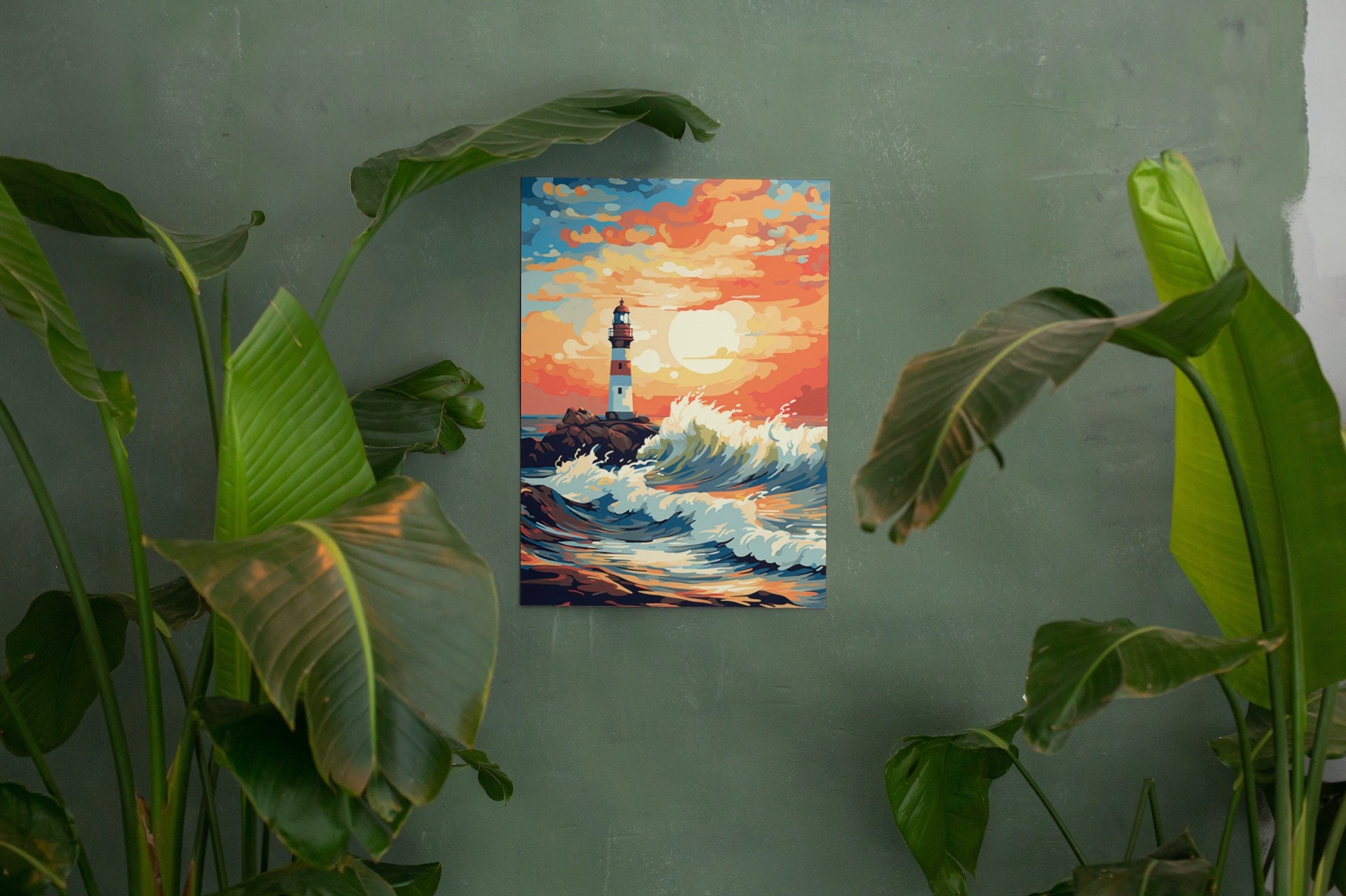 Lighthouse Digital Print, Vibrant Colors, Blue Sky, Ocean Wall Art ...