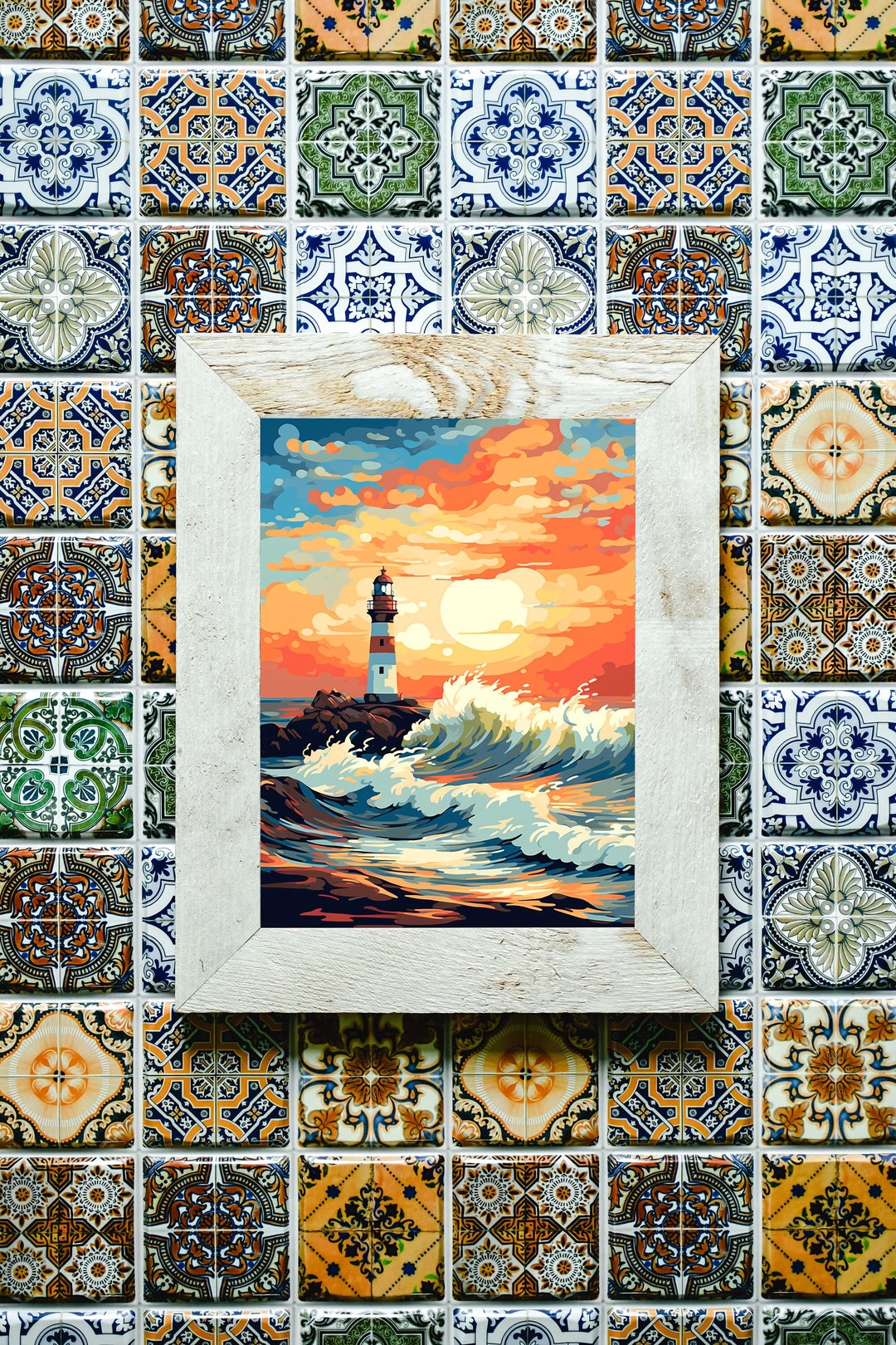 Lighthouse Digital Print, Vibrant Colors, Blue Sky, Ocean Wall Art ...