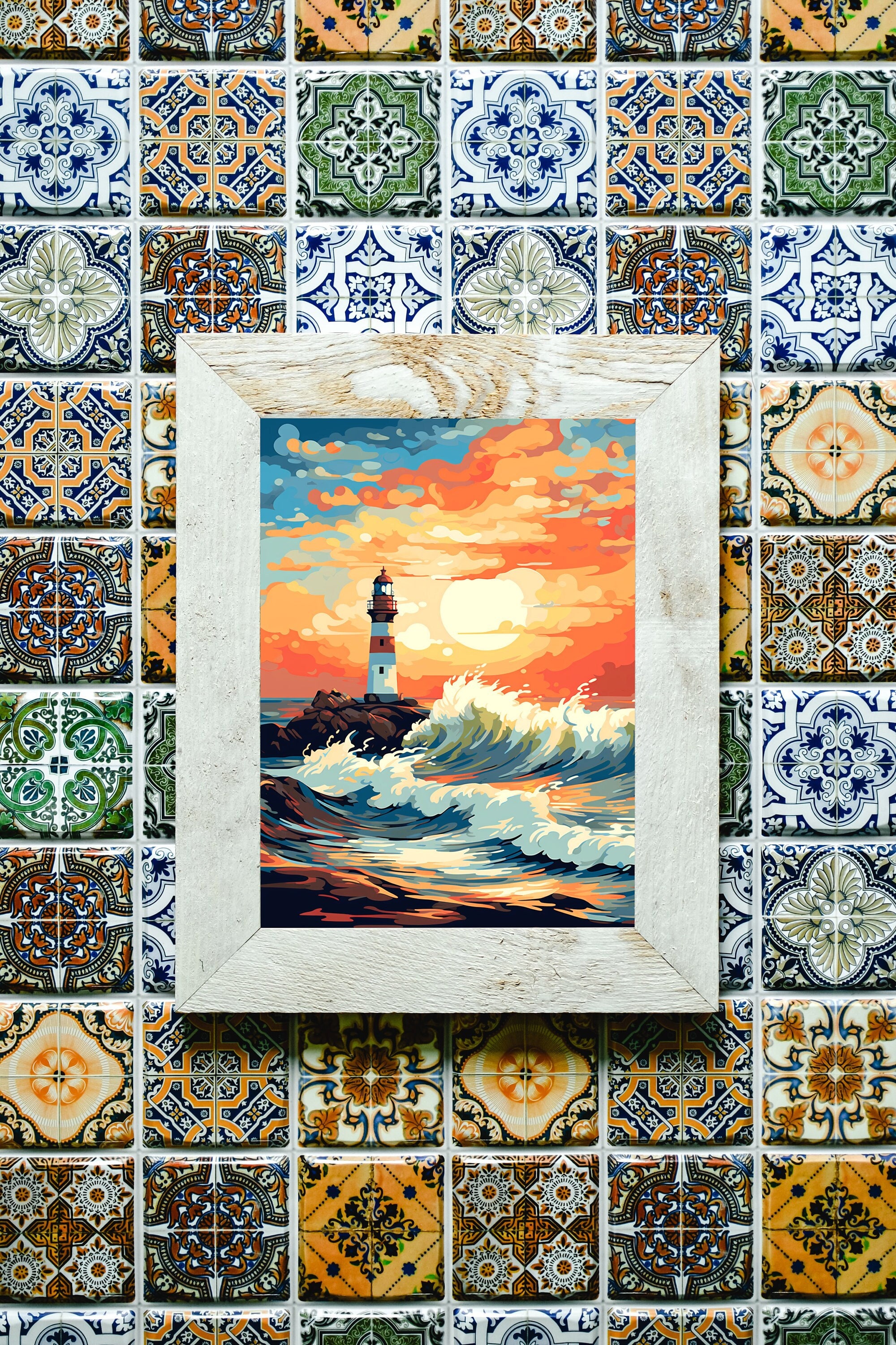 Lighthouse Digital Print, Vibrant Colors, Blue Sky, Ocean Wall Art ...