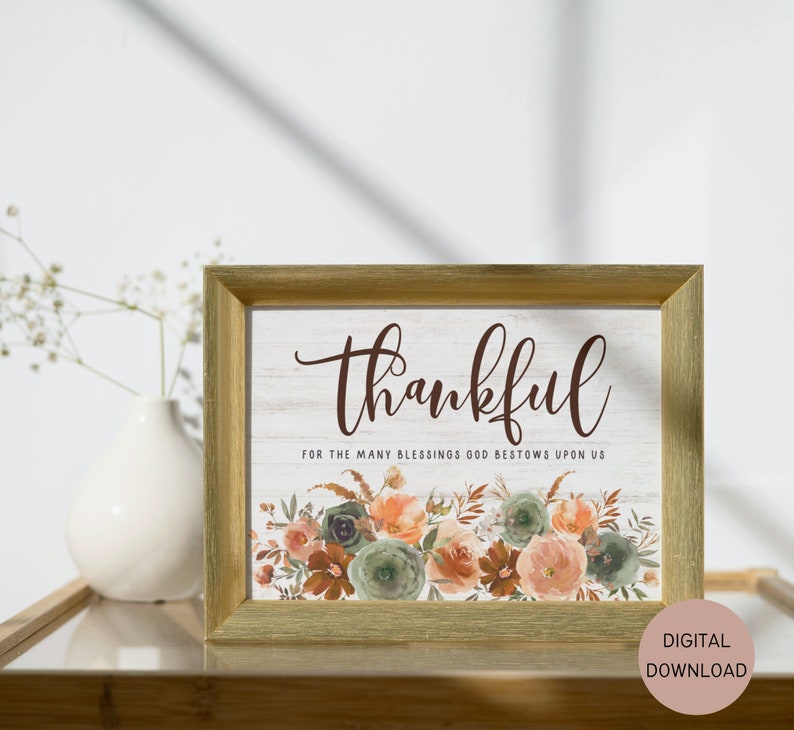 Thankful Fall Printable - Farmhouse Watercolor Autumn Flowers Wall Art ...