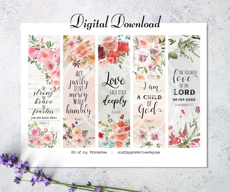 Bible Verse Bookmarks With Watercolor Floral Design - Set of 5 Faith ...