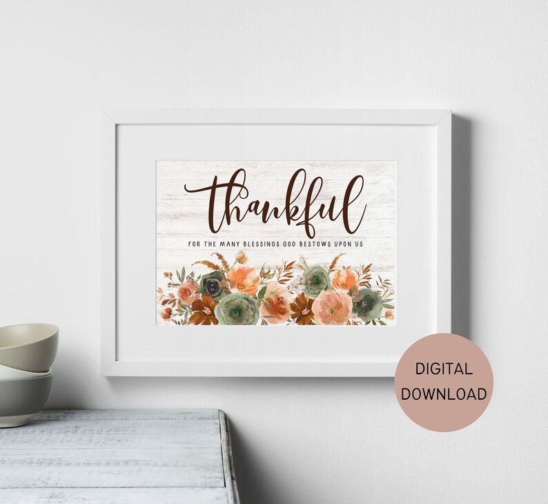 Thankful Fall Printable - Farmhouse Watercolor Autumn Flowers Wall Art ...