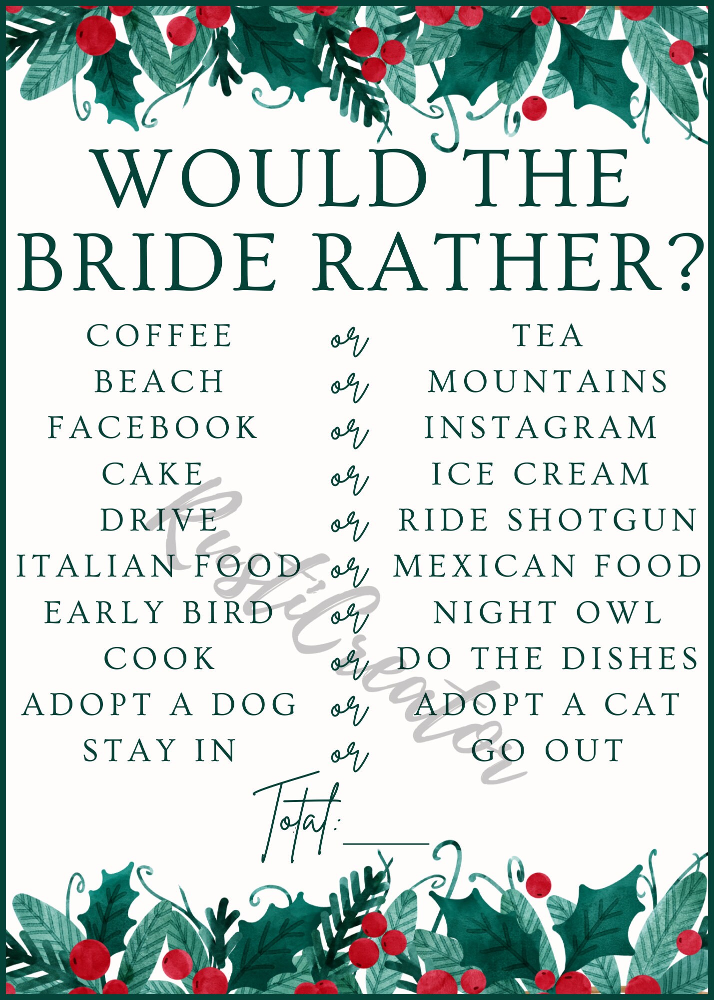 Would the Bride Rather Bridal Shower Game - Winter / Holiday ...