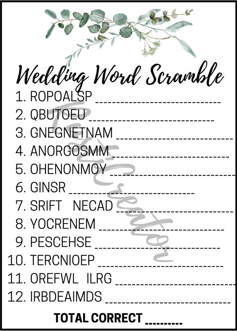 Wedding Word Scramble - Bridal Shower Game - Fun Wedding Party Activity ...