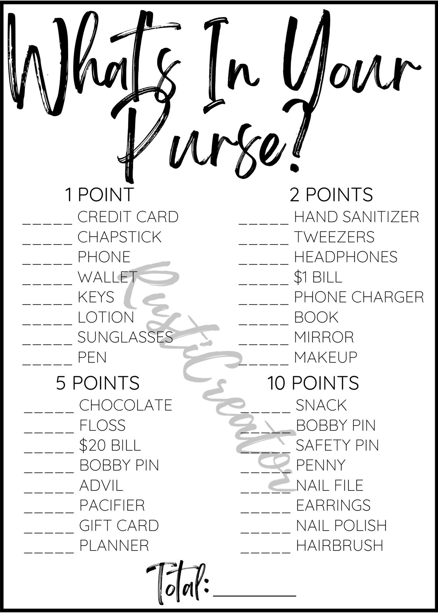 What's in Your Purse Game - Printable Bridal Shower Game - Baby Shower ...