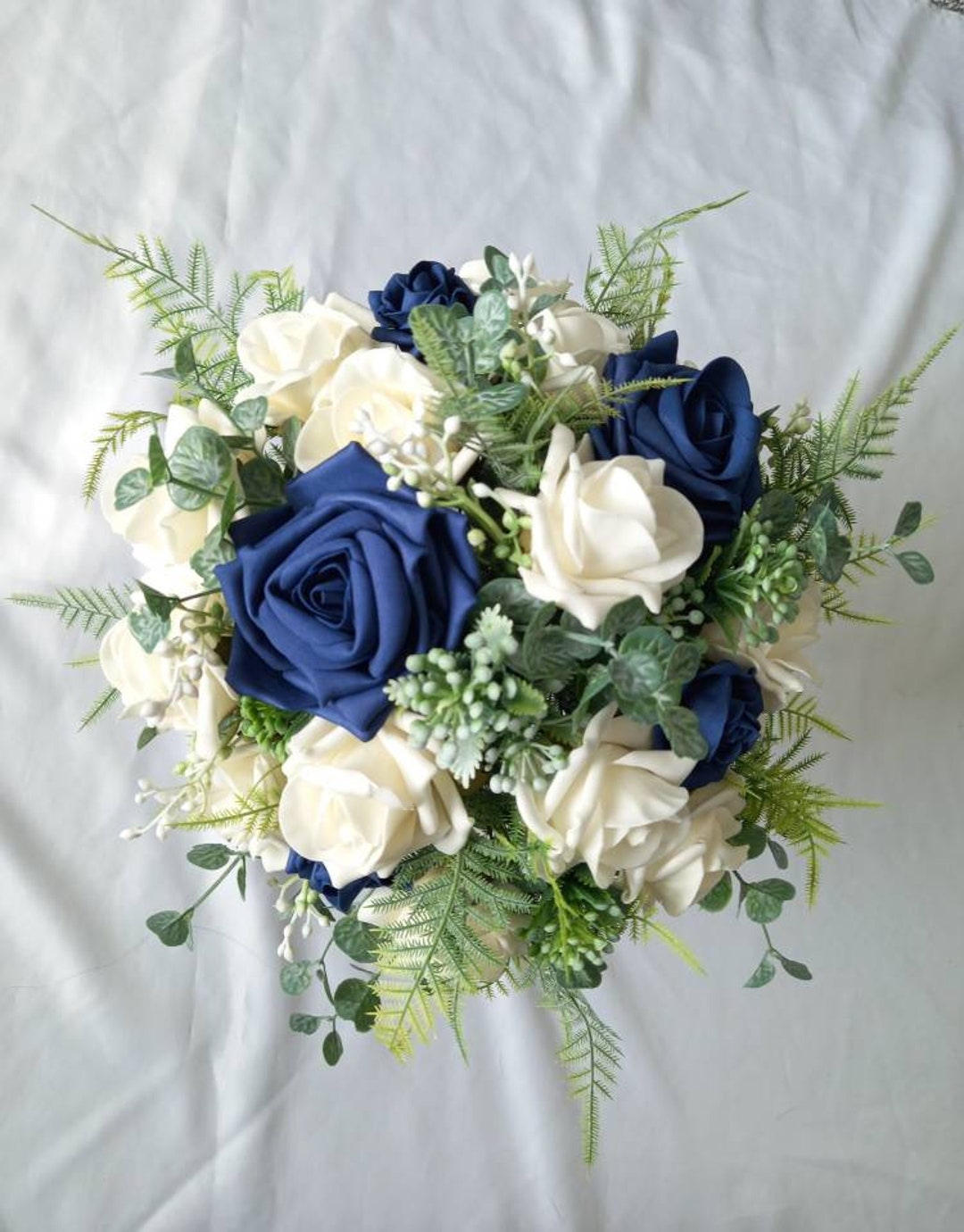 Navy Blue and Ivory Rose Bouquet With Muted Foliages - Etsy