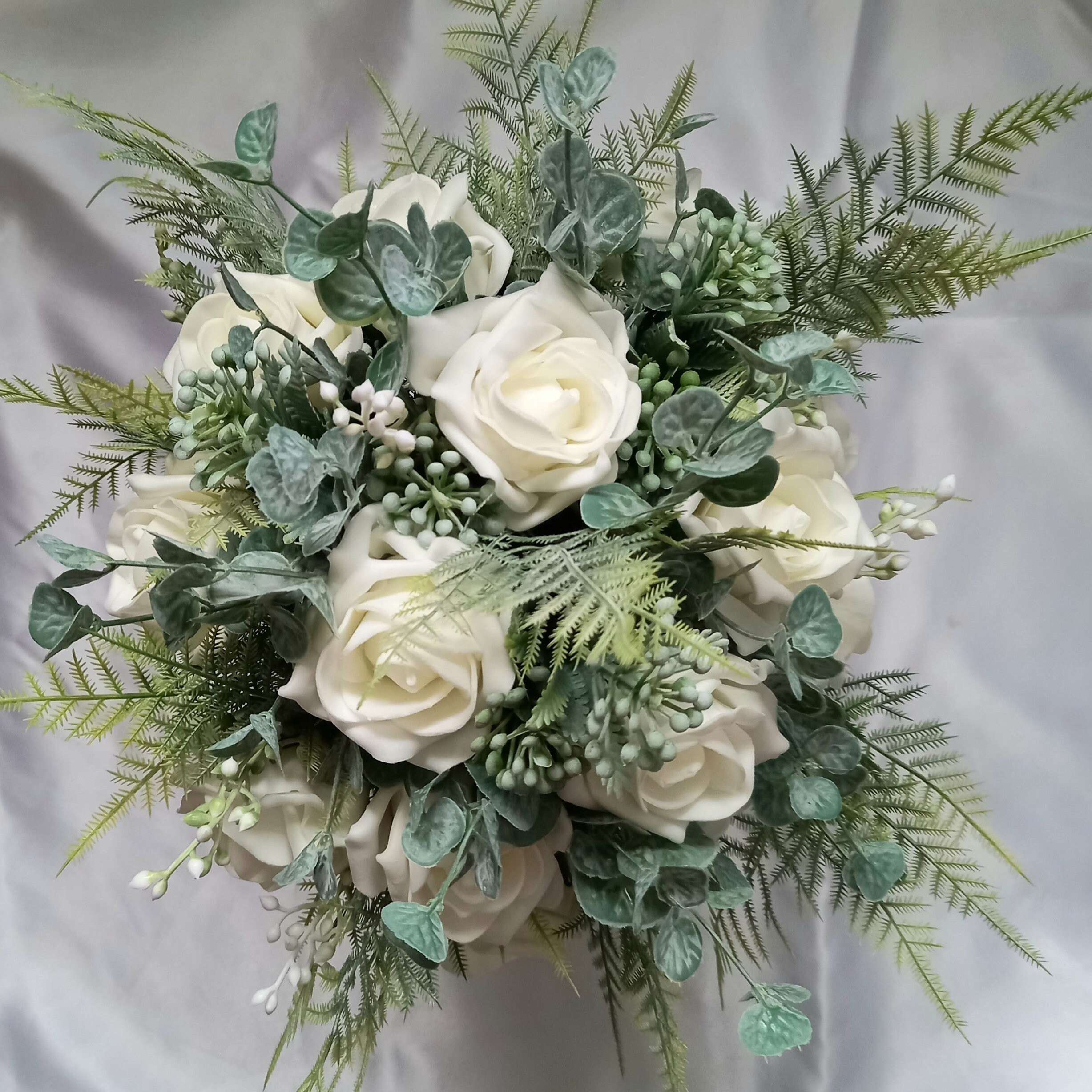 Ivory Rose Bouquet With Dusted Eucalyptus, Mahonia and Fern Bridal ...
