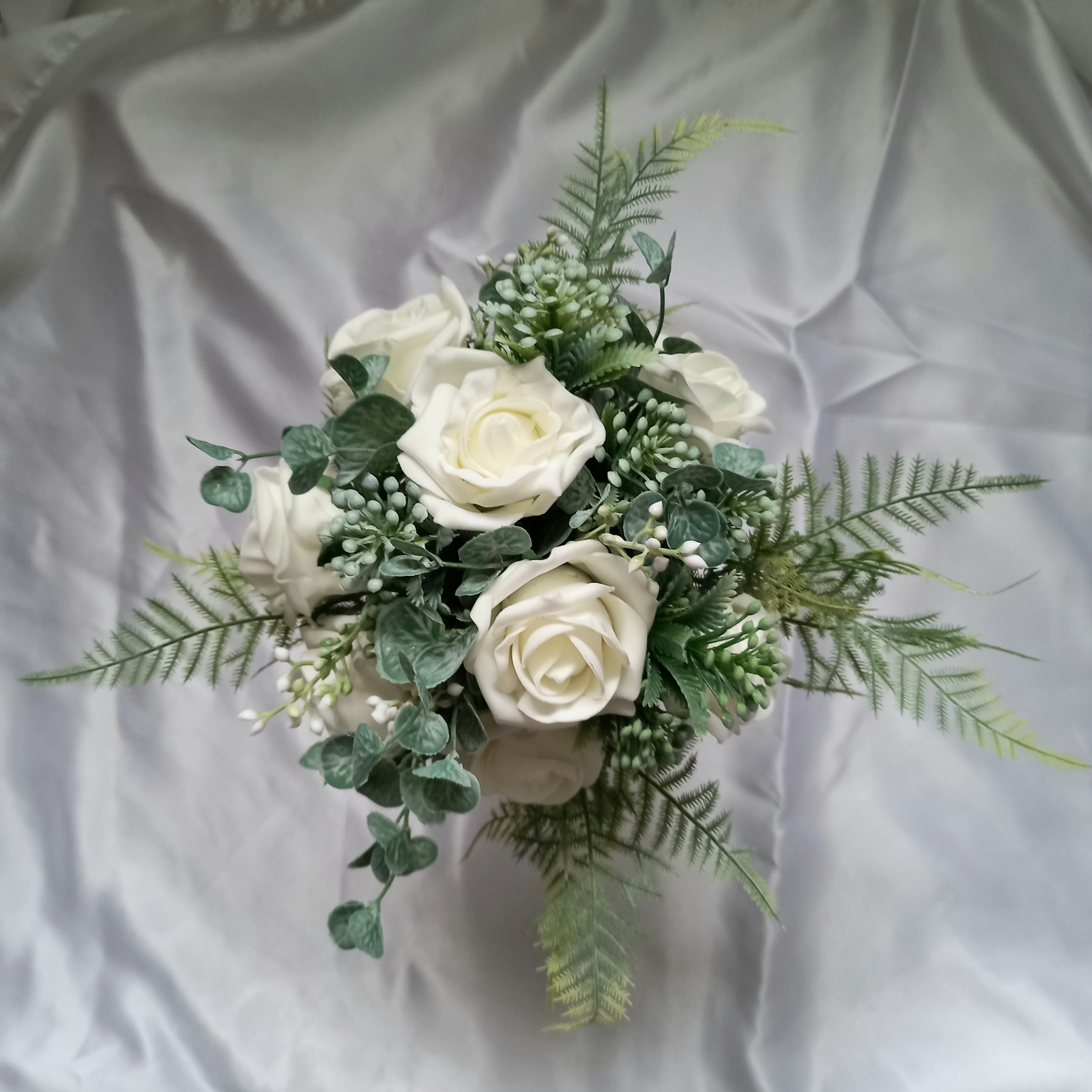 Ivory Rose Bouquet With Dusted Eucalyptus, Mahonia and Fern Bridal ...