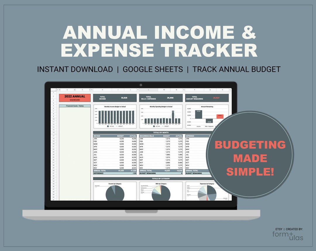 Annual Income & Expense Tracker, Track Budget, Monthly Budget ...