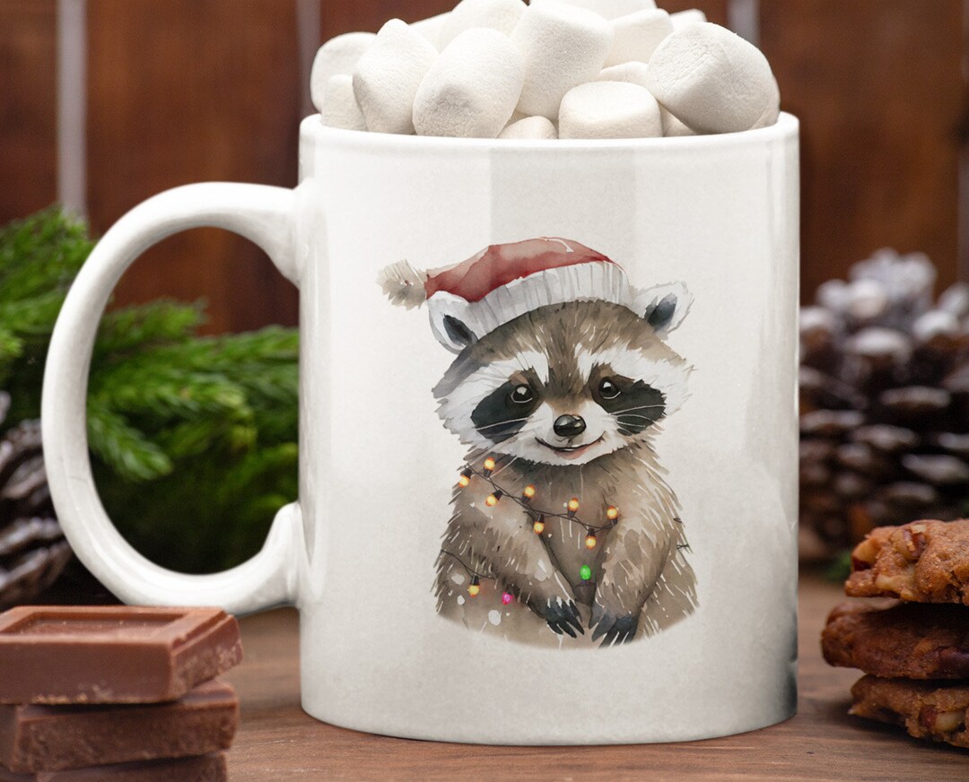 Hot Chocolate Christmas Mug, Cute Christmas Racoon Printed Coffee Mug ...