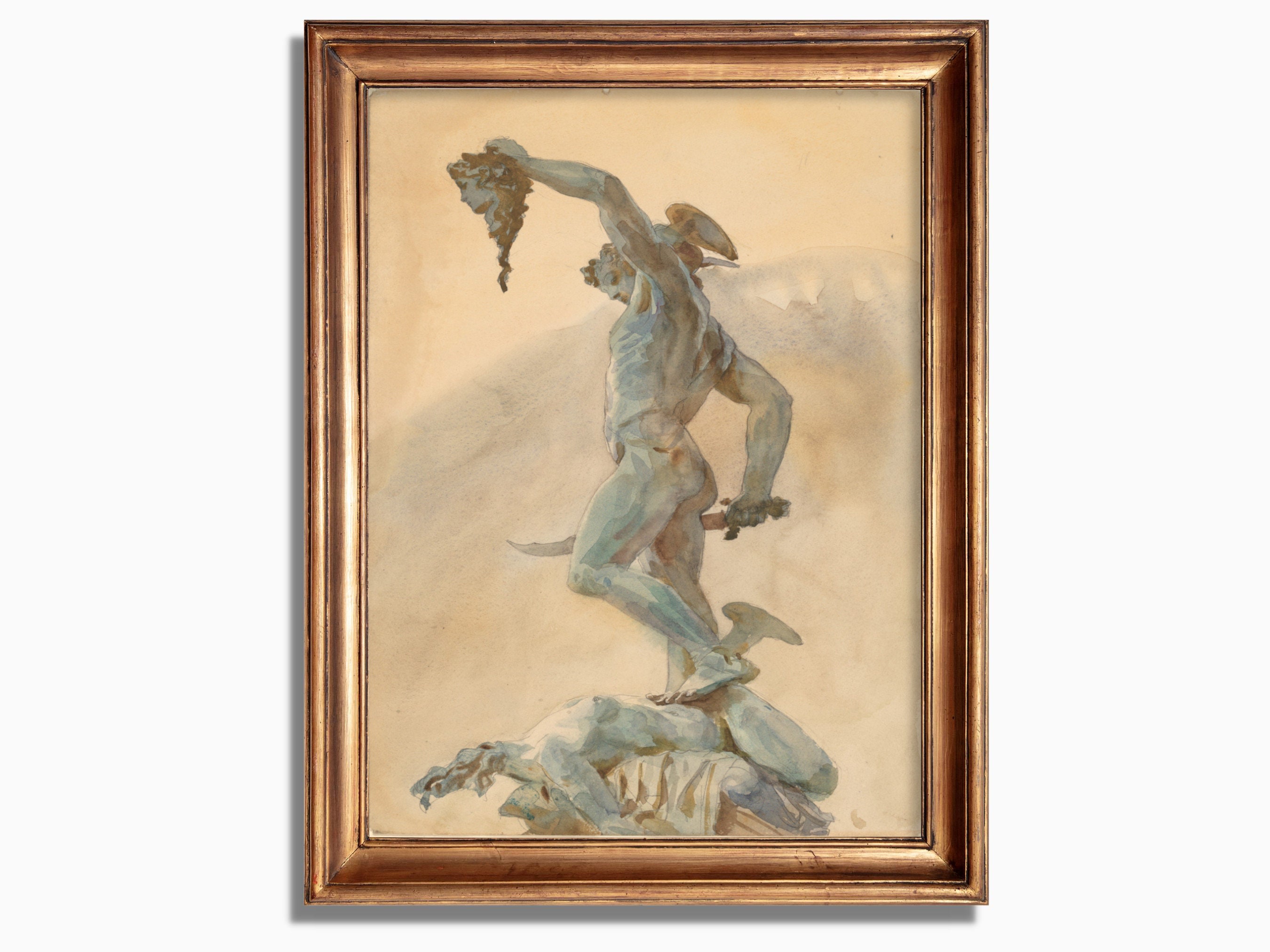Vintage Drawing of Perseus, Sketch for Men, Famous Statue, Watercolor ...