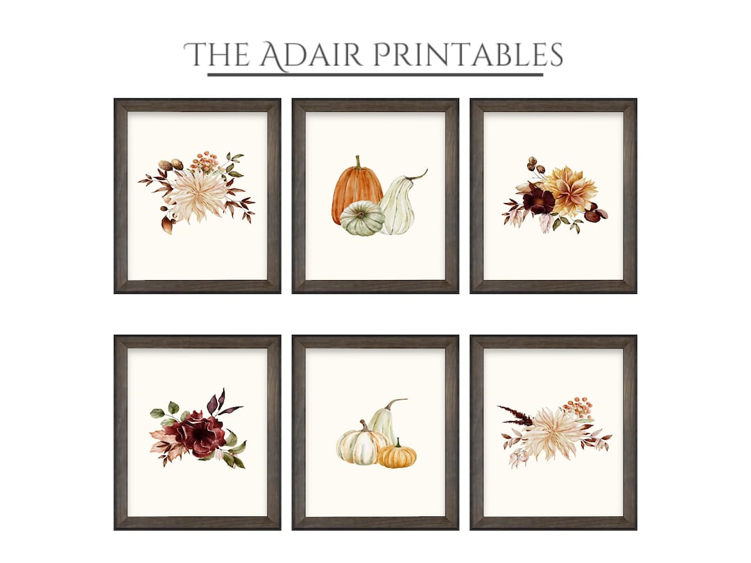 Printable Harvest Set of 6, Fall Flower and Pumpkin Wall Art, Autumn ...