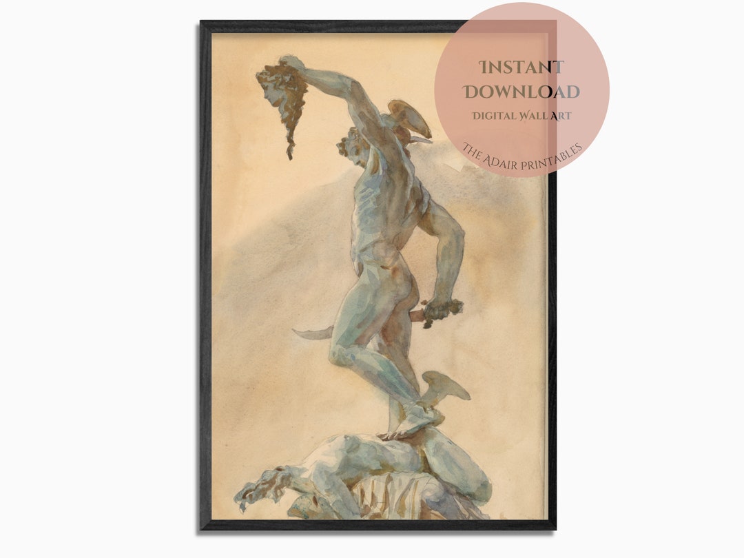 Vintage Drawing of Perseus, Sketch for Men, Famous Statue, Watercolor ...