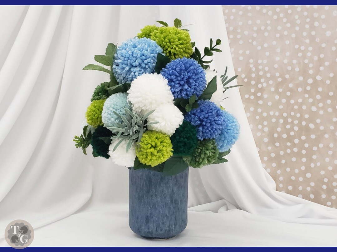 Handmade Blue Flower Arrangement | Pom-pom Flowers | Unique Flower ...