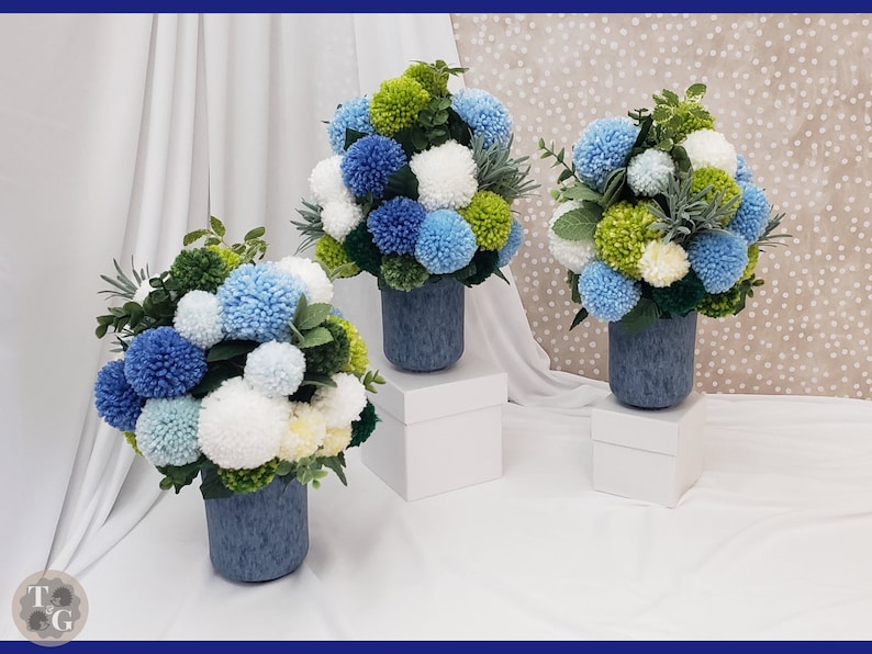Handmade Blue Flower Arrangement Pom-pom Flowers Unique Flower Bouquet ...