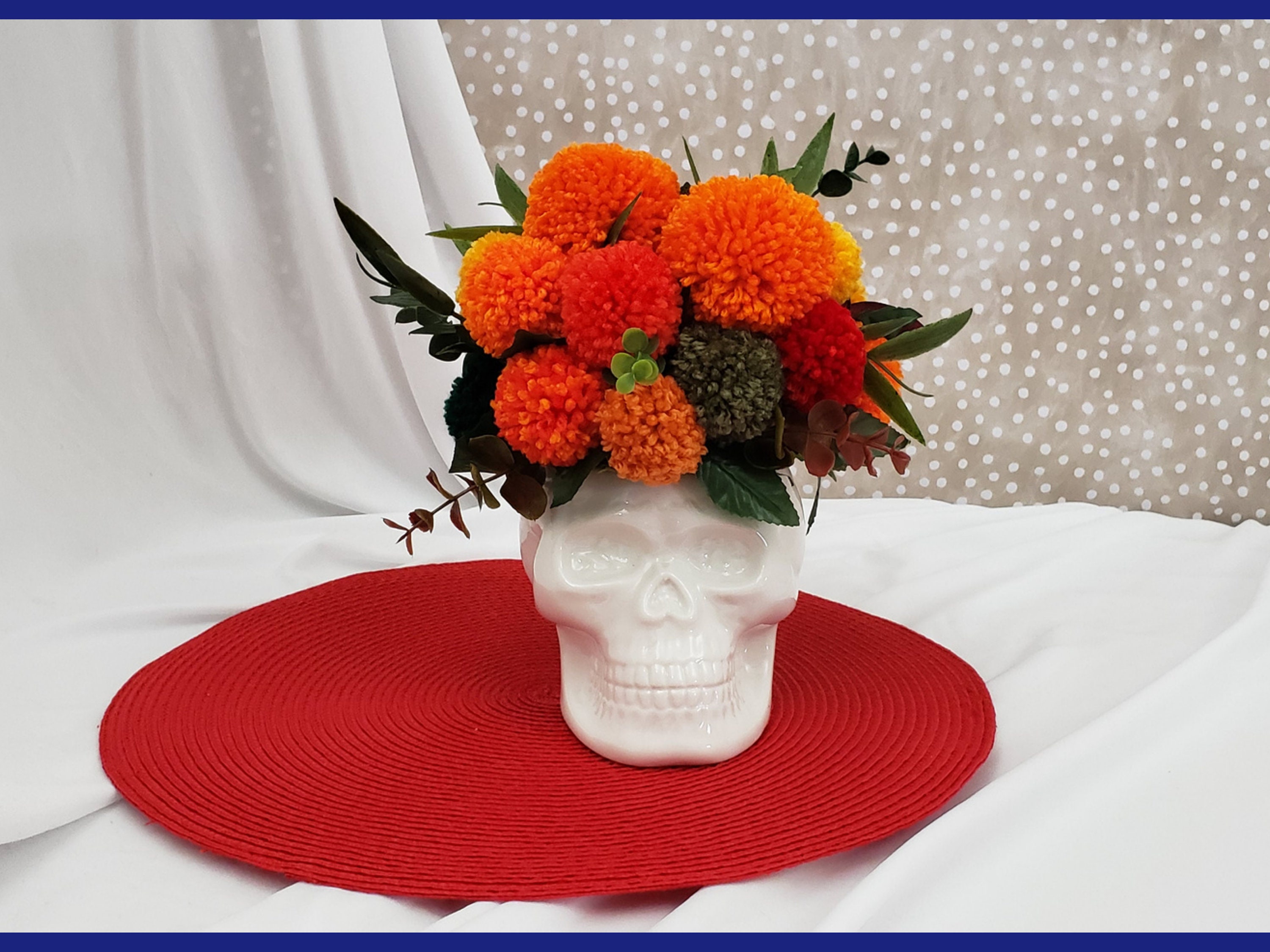 Day of the Dead Pom-pom Flower Arrangement Boho Yarn Flowers Orange and ...