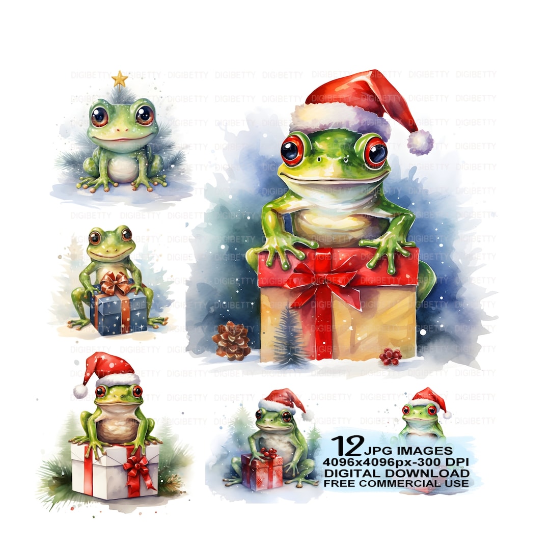 Watercolor Christmas Frog Clipart 12 Jpg Files, Frog Jpg, Digital ...