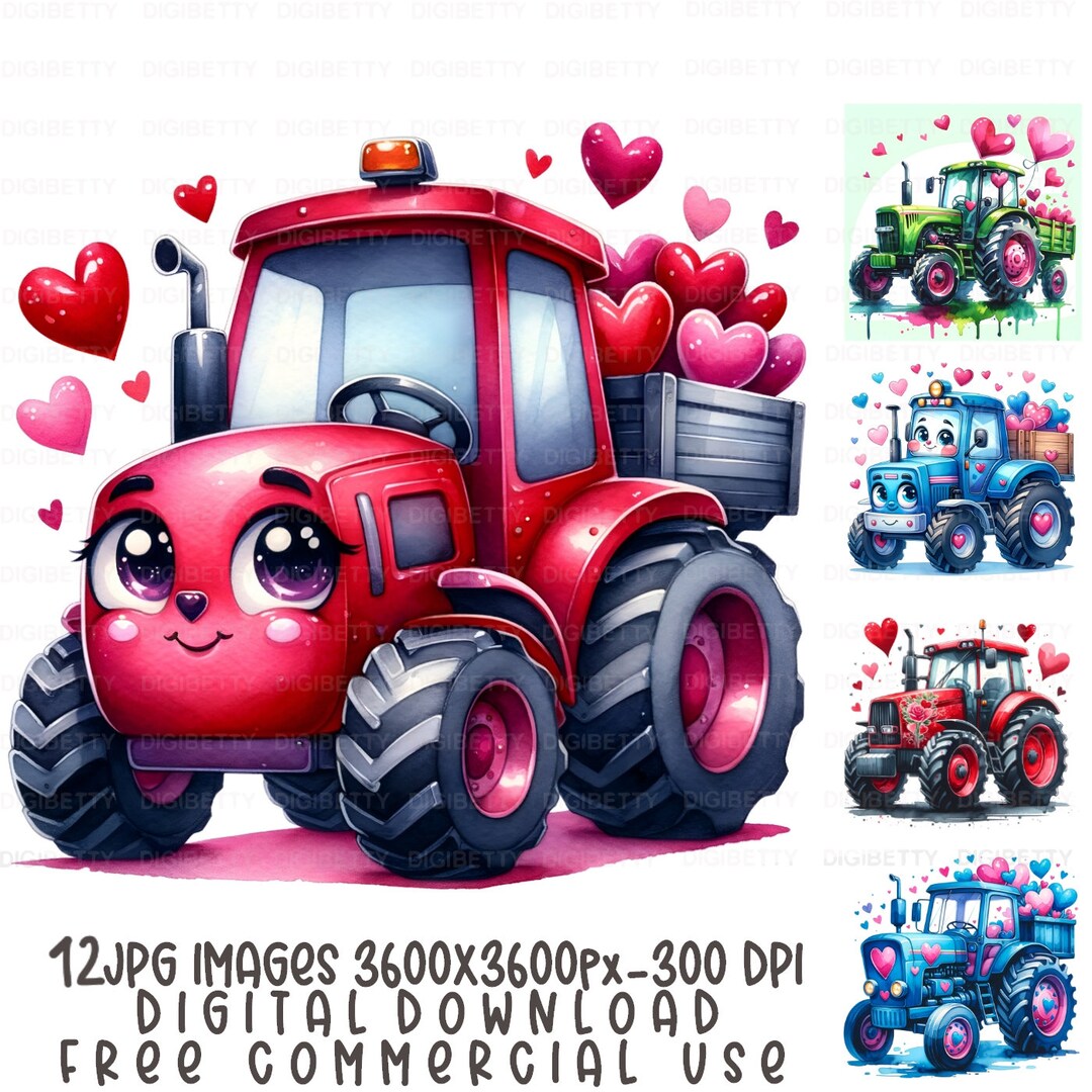 Valentine Tractor Clipart Bundle 12 Jpg Files Kids Valentines Clipart ...