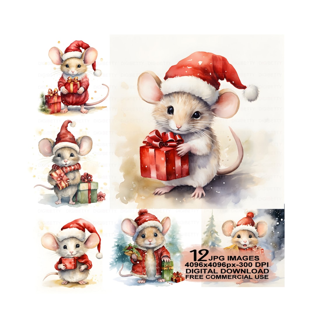 Watercolor Christmas Mouse Clipart 12 Jpg Files Cute Mouse - Etsy