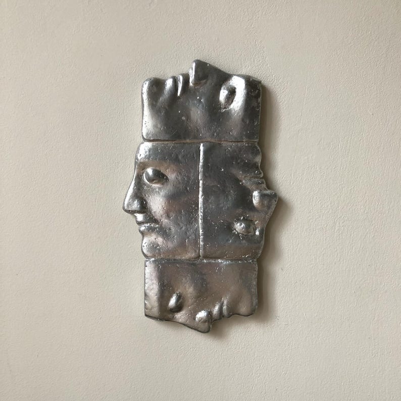 Papier-mâché Male Face Sculpture: Mid-century Modern Silver Wall Art ...
