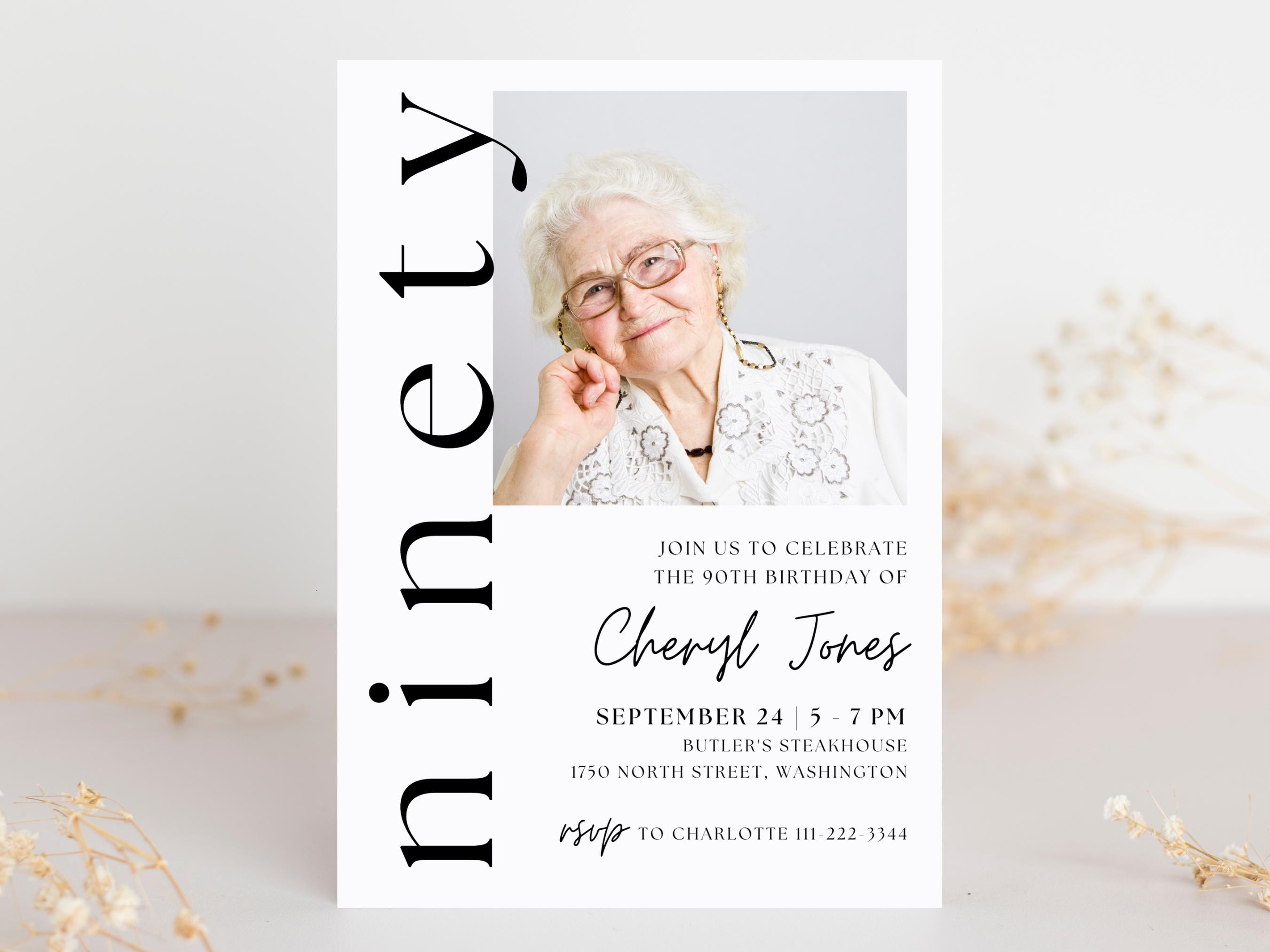 90th Birthday Invitation: Personalized Photo, Editable Canva Template ...